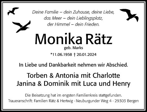Traueranzeigen Von Monika Rätz Trauerportal Der Celleschen Zeitung