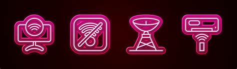 세트 라인 스마트 Tv 시스템 Wifi 무선 인터넷 없음 위성 접시 및 에어컨 빛나는 네온 아이콘입니다 벡터 0명에 대한 스톡 벡터 아트 및 기타 이미지 Istock