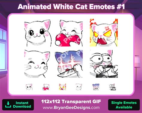 Animated White Cat Twitch Emotes Wave Love Heart Rage Angry Jam Music