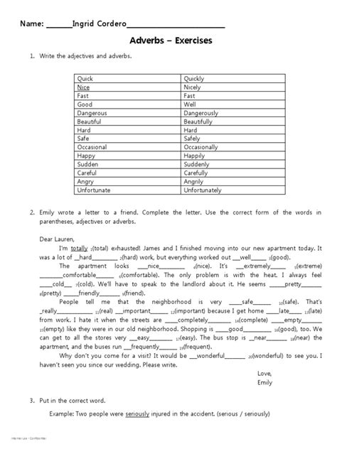 Adverbs Manners And Modifiers Exercises Ing Cor Pdf Adverb