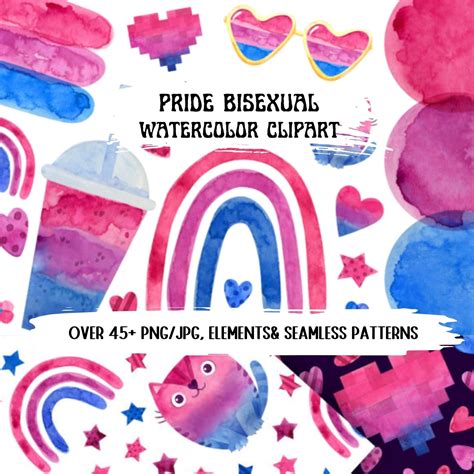 45 Pride Bisexual Watercolor Clipart Bundle Seamless Pattern Lgbtqia