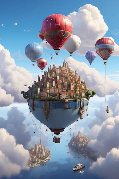 Premium Ai Image A Floating City In The Clouds Supported By Giant Hot