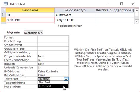 Rich Text Felder In Tabellen Access Basics