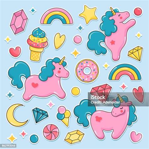 유니콘 귀여운 요소 컬렉션입니다 풍선 세트입니다 유니콘 아이스크림 레인 보우 과자 다이아몬드 벡터 일러스트 레이 션 개념에 대한