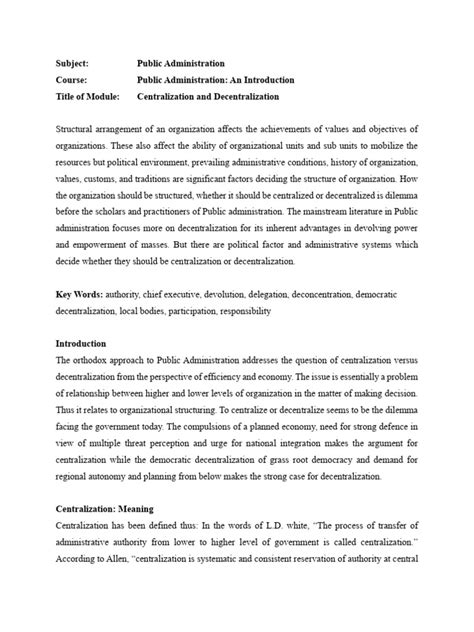 Centralization And Decentralization Pdf Decentralization Public Administration