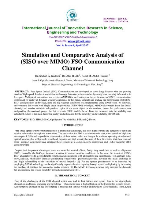Pdf Simulation And Comparative Analysis Of Siso Over Mimo Fso