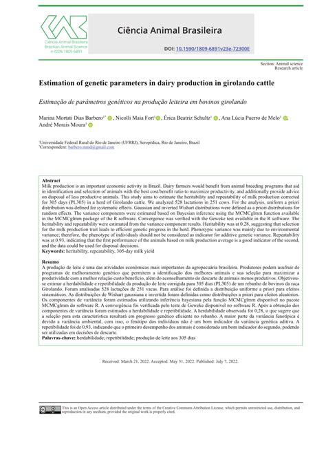 Pdf Estimation Of Genetic Parameters In Dairy Production In Girolando Cattle