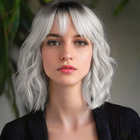 Minlee Silver Gray Wig With Bangs For Women 14 Inch Short Bob Wavy