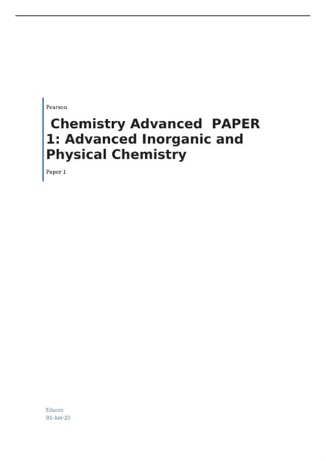 Edexel Gcs A Level Chemistry Paper 1 Advanced Inorganic And Physical Chemistry Question Paper