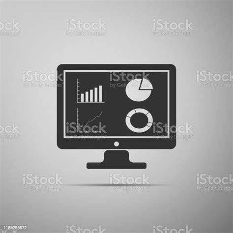 黑色電腦監視器與圖形圖表圖示隔離在灰色背景上報表文字檔圖示會計符號審計分析規劃平面設計向量插圖向量圖形及更多互聯網圖片 Istock