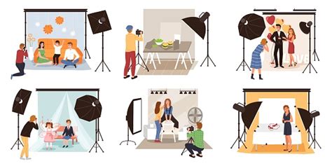 사진 스튜디오 사진작가는 스튜디오 패션 또는 로맨틱 어린이 및 피사체 촬영 전문 카메라 및 스튜디오 장비가있는 사람들에서 모델을 촬영합니다 벡터 만화 장면 세트 파파라치