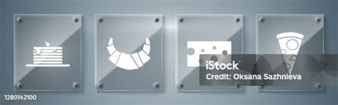 피자 치즈 크루아상 팬케이크 더미 세트 슬라이스 정사각형 유리 패널 벡터 꿀에 대한 스톡 벡터 아트 및 기타 이미지 꿀 누름 버튼 단일 객체 Istock