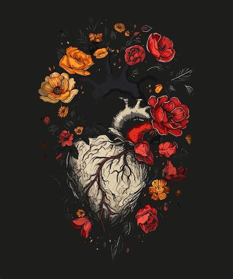 Un Dibujo De Un Corazón Con Flores Y Un Corazón En él Vector Premium