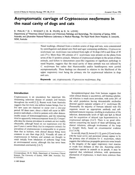 Pdf Asymptomatic Carriage Of Cryptococcus Neoformans In The Nasal