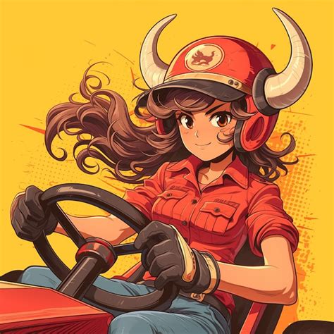 A Buffalo Girl Goes Gravity Car Racing In Cartoon Style Premium Ai