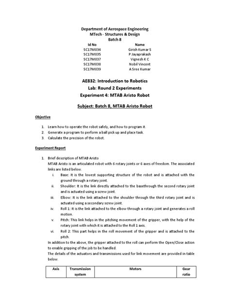 Ae832 Introduction To Robotics Lab Round 2 Experiments Experiment 4 Mtab Aristo Robot Subject
