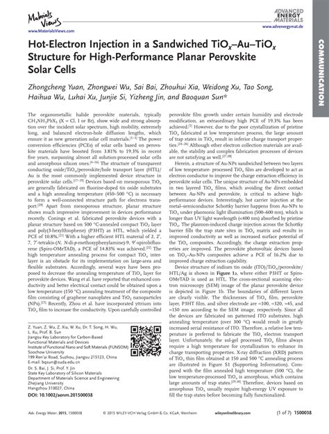 Pdf Perovskite Solar Cells Hot Electron Injection In A Sandwiched Tiox Au Tiox Structure For