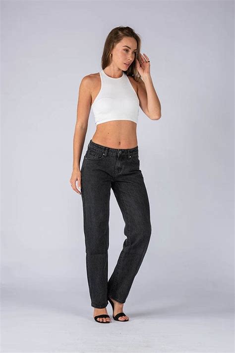 Wakee Denim Mid Waist Wide Leg Jean Pant Black Wash