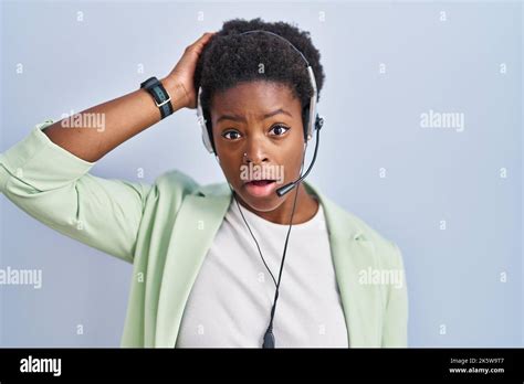 African American Woman Wearing Call Center Agent Headset Crazy And