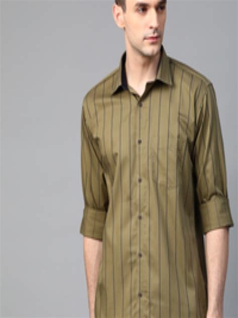 Buy Manq Men Olive Green And Navy Blue Giza Cotton Semi Slim Fit Striped