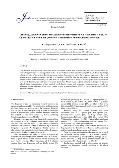 Pdf Analysis Adaptive Control And Adaptive Synchronization Of A Nine