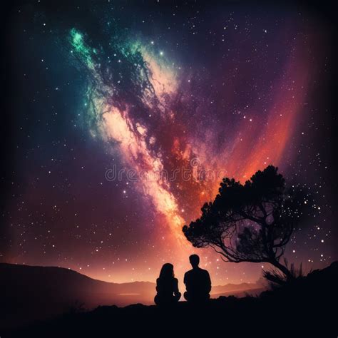 Couple In Nature Star Gazing At Night Sky Created Using Generative Ai