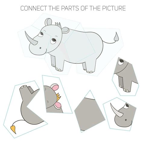 Puzzle Game For Chldren Rhino Cartoon Doodle Hand Drawn Illustration
