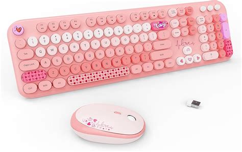 Wireless Keyboard And Mouse Combo 104 Round Keys Full Size Cute Colorful Pink