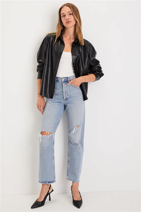Cool Black Top Vegan Leather Button Up Top Collared Top Lulus