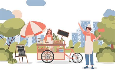 도시와 남자는 도시 공원 벡터 평면 그림에서 커피와 다른 음료를 판매 길거리 음식 개념 거리에 대한 스톡 벡터 아트 및 기타