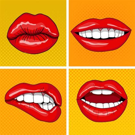 Set De Labios En Estilo Retro Pop Art Vector Premium