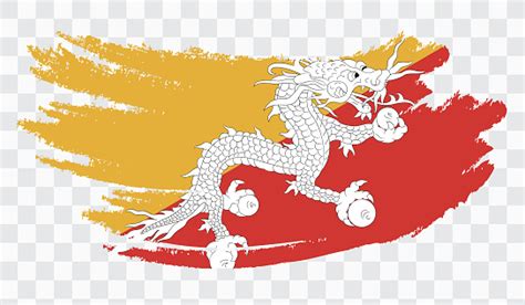 부탄 국기와 함께 그런지 브러시 스트로크 수채화 그림 깃발 포스터 국기의 배너 스타일 수채화 그리기 투명한 배경에 격리된