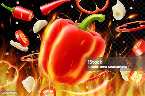 피망 마늘 칠리 페퍼 불 배경 배경 어두운 배경에 날고 야채를 태우고 있습니다 빨간 칠리 고추 튀기 3d 일러스트 레이 션에서