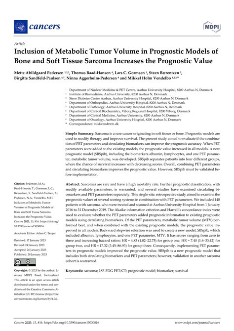 Pdf Inclusion Of Metabolic Tumor Volume In Prognostic Models Of Bone And Soft Tissue Sarcoma