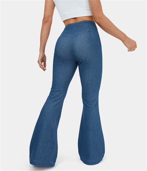 Womens High Waisted Crossover Stretchy Knit Denim Casual Flare Pants