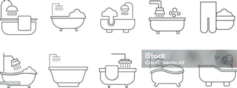 샤워기가 있는 욕조 아이콘이 라인 스타일로 설정되어 있습니다 욕실 위생 기호입니다 목욕 표시 화장실 픽토그램 거품 물 기호 그림입니다 거품 목욕 벡터 디자인은 투명한 배경에