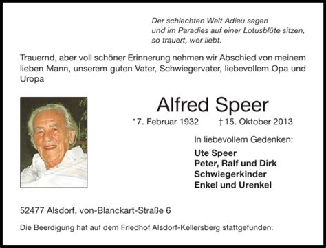 Traueranzeigen Von Alfred Speer Aachen Gedenkt