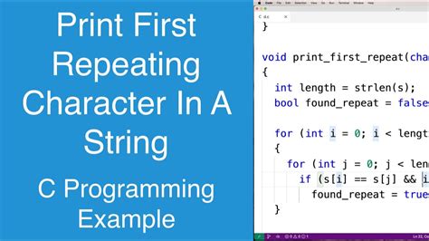print first repeating character in a string c programming example youtube