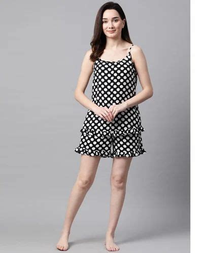 Womens Black And White Pure Cotton Polka Dots Printed Night Suit Set
