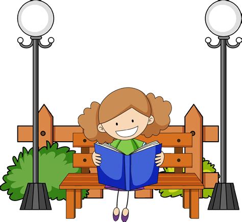 Cute Girl Reading Book Doodle Cartoon Character With Park Elements