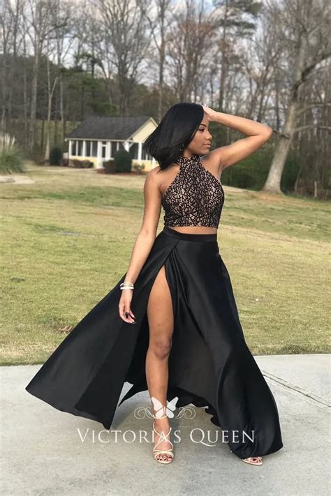 Gorgeous Two Piece Black Satin Prom Dress With Crop Top And Thigh High