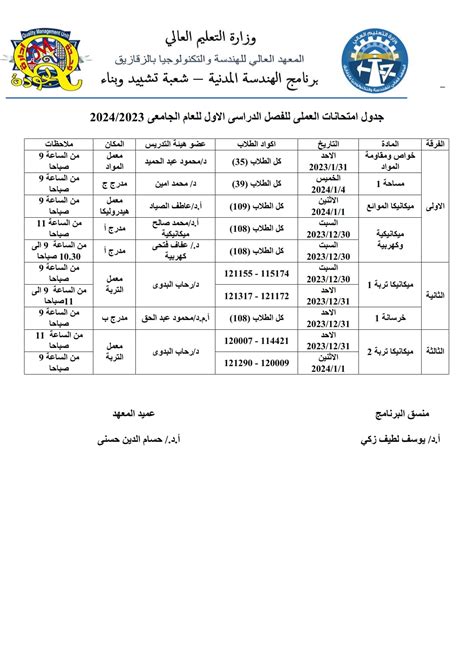 جدول العملى للترم الاول للعام الدراسى 2024 2023 Zagazig Higher Institute Engineering Tecnology
