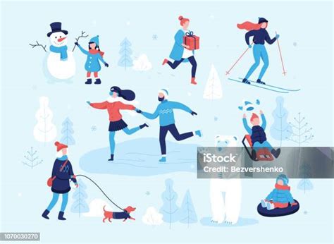 재미와 겨울 활동 스키 스케이트 여자 아이 만드는 눈사람 어린이 산 사면에 썰매 개를 산책 하는 공원에 있는 사람들 스케이트