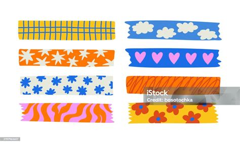 귀여운 무늬가 있는 화려한 무늬의 일본 테이프 스트라이프 세트 귀여운 장식 스카치 테이프의 벡터 그림입니다 컬러 장식 테이프 미니 와시 스티커 장식 0명에 대한 스톡 벡터
