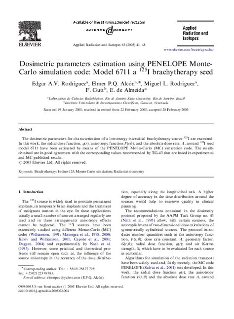 Pdf Dosimetric Parameters Estimation Using Penelope Monte Carlo Simulation Code Model 6711 A