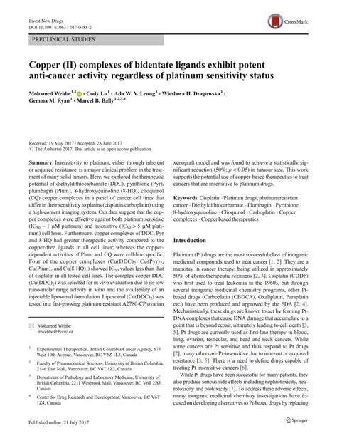 Pdf Copper Ii Complexes Of Bidentate Ligands Exhibit Potent Anti
