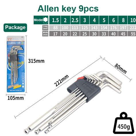 Extra Long 9 Pcs Ball Point Allen Key Wrench Set Heavy Duty Alan Key