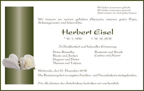 Traueranzeigen Von Herbert Eisel Trauerhnade Traueranzeigen Von Herbert Eisel Trauerhnade