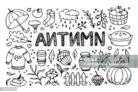 낙서 스타일의 가을을 맞이합니다 가을 요소 세트 스웨터 버섯 비 양말 호박 사과 파이 잼 커피 비 나뭇잎 손으로 그린 스케치입니다 벡터 일러스트 레이 션입니다 가을에 대한
