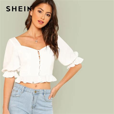 Shein White Sexy Club Pearl Detail Ruffle Flounce Sleeve V Neck Womens